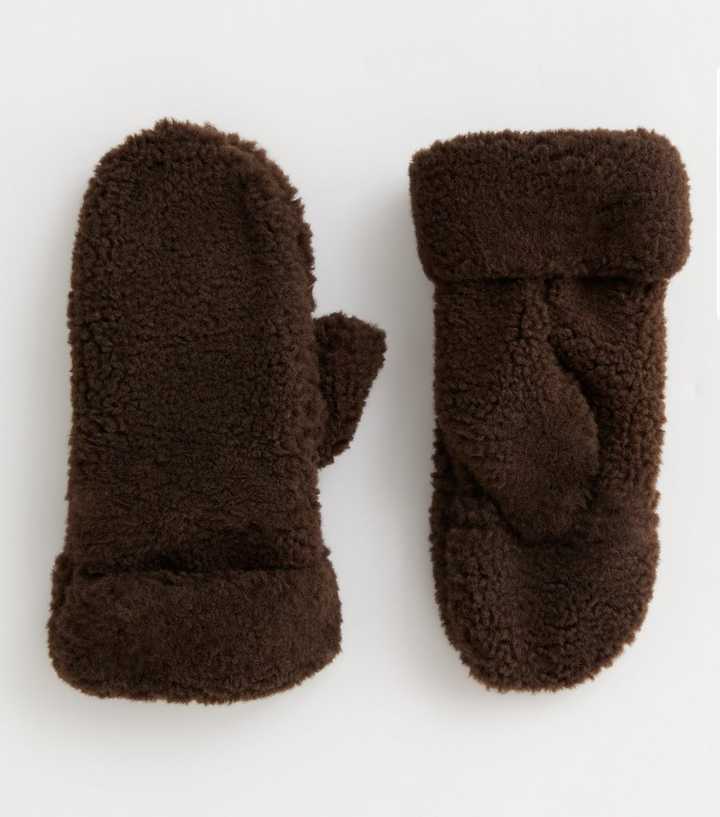 Dark Brown Teddy Mittens | New Look