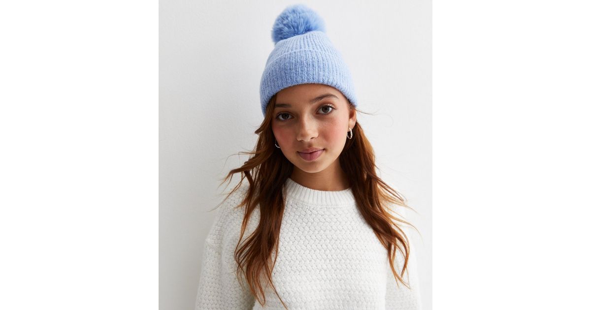 Girls Pale Blue Glitter Knit Pom Pom Bobble Hat | New Look