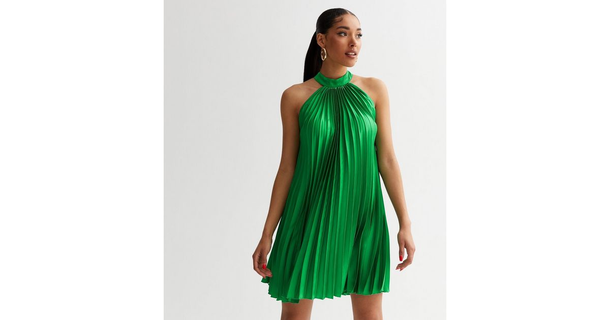 Green Satin Pleated Halter Swing Dress | New Look