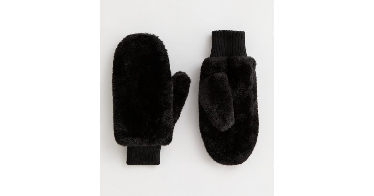 Black Faux Fur Mittens | New Look