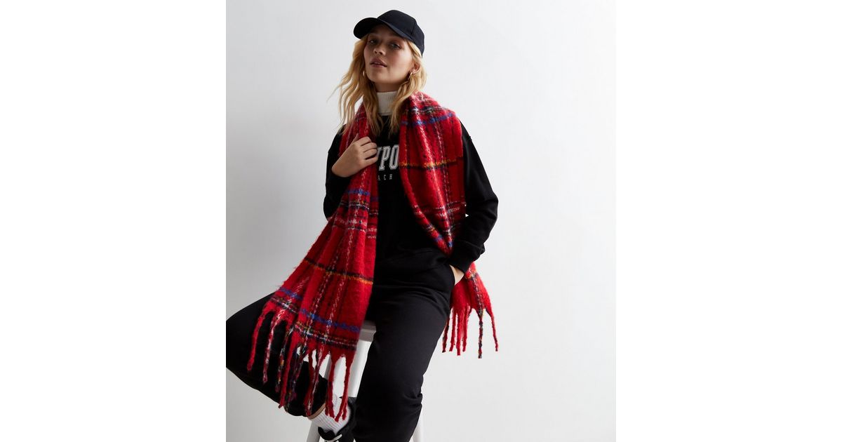 Red Check Brushed Tassel Scarf | New Look