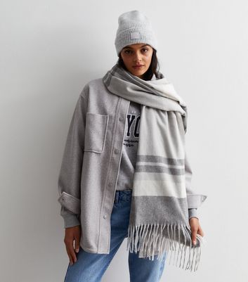 Light Grey Check Print Tassel Scarf | New Look