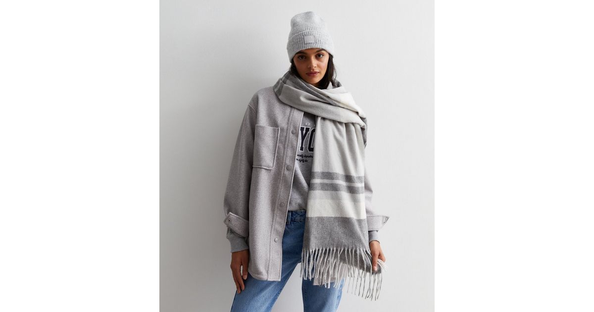 Light Grey Check Print Tassel Scarf | New Look