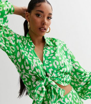 Green Leopard Print Satin Tie Front Shirt | New Look