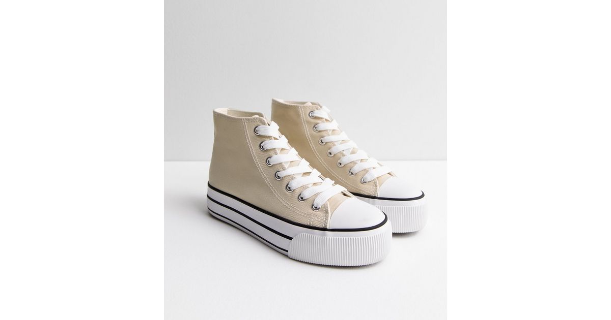 Stone Double Stripe Canvas Flatform High Top Trainers | New Look