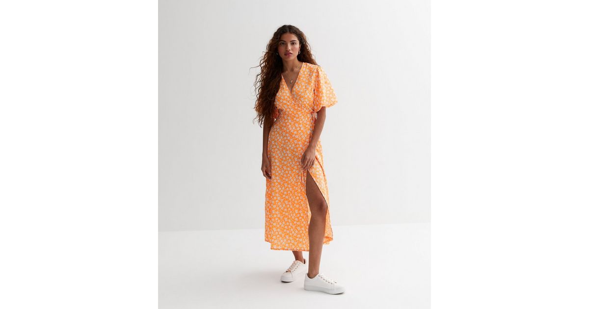 Petite Orange Floral V Neck Wrap Midaxi Dress | New Look