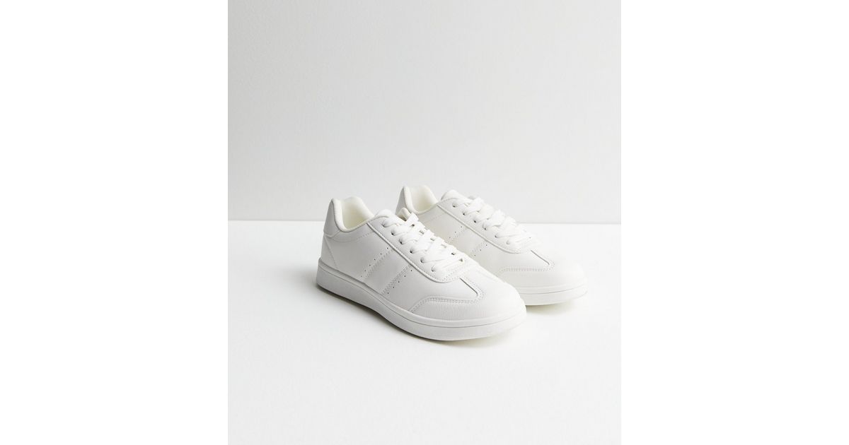 White Leather Look Lace Up Trainers New Look