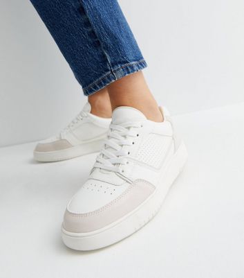 White Leather-Look Colour Block Lace Up Trainers | New Look