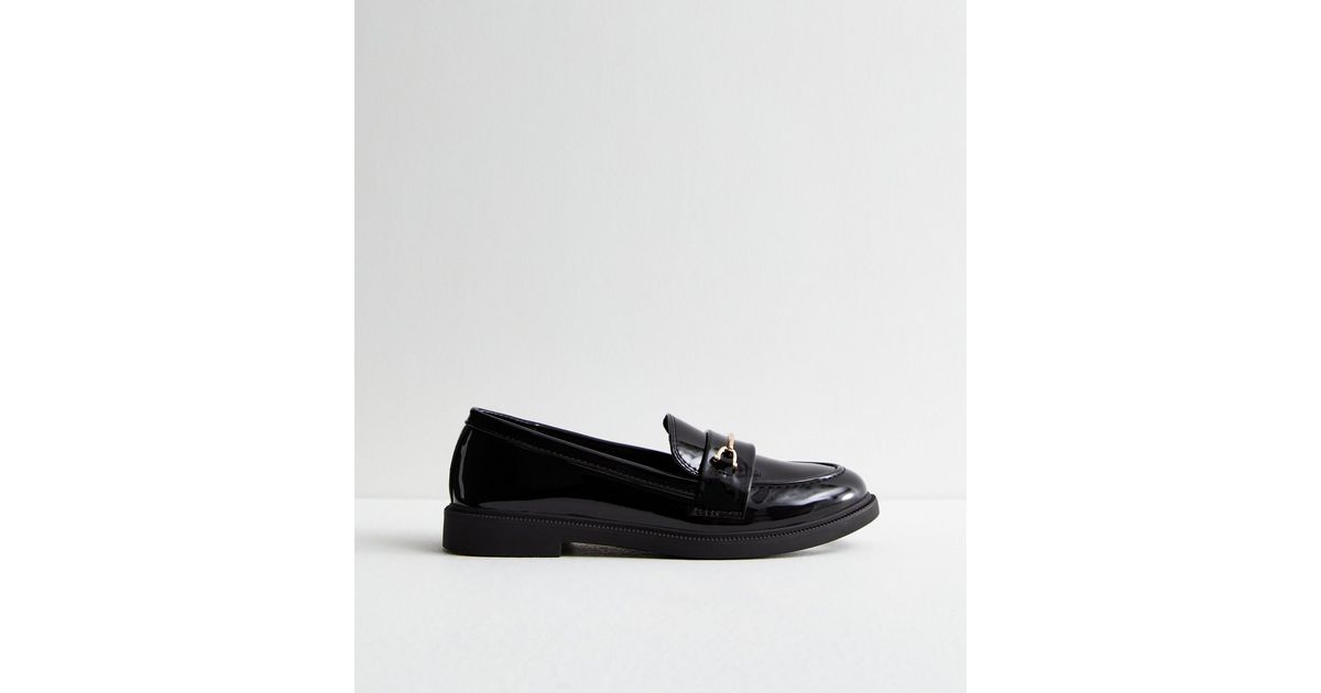 Black Patent Snaffle Trim Loafers | New Look