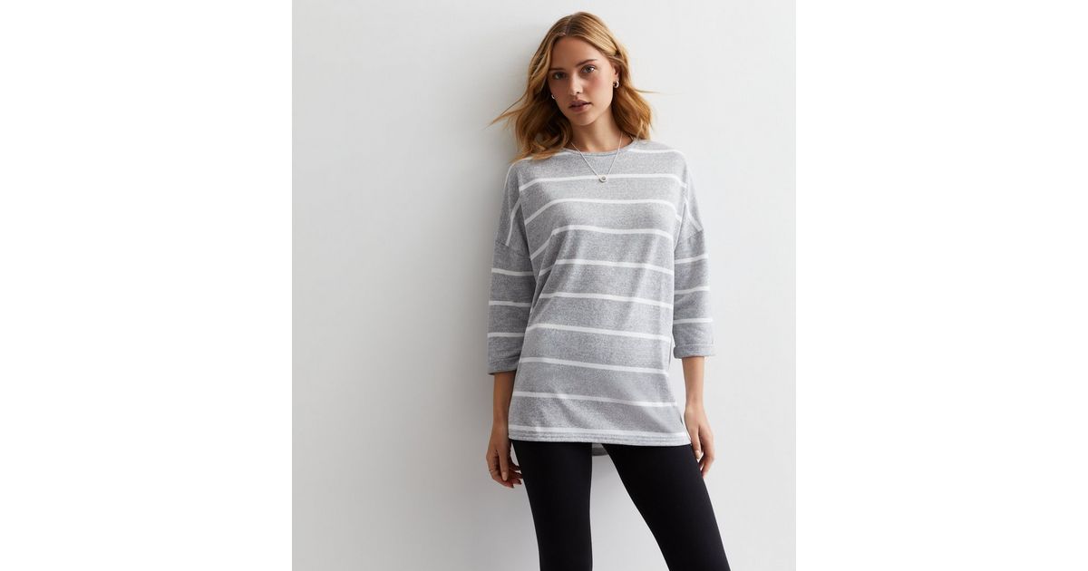 Light Grey Stripe Fine Knit 3/4 Sleeve Top | New Look