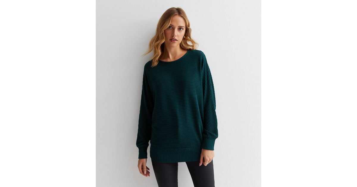 Dark Green Ribbed Knit Batwing Top | New Look