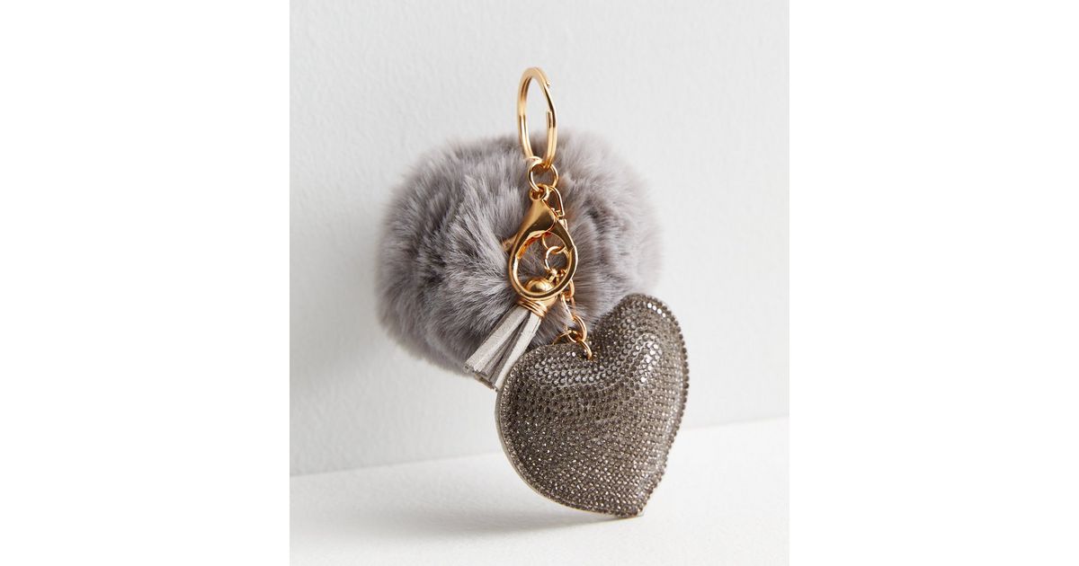 Mink Faux Fur Pom Pom Heart Bag Charm | New Look