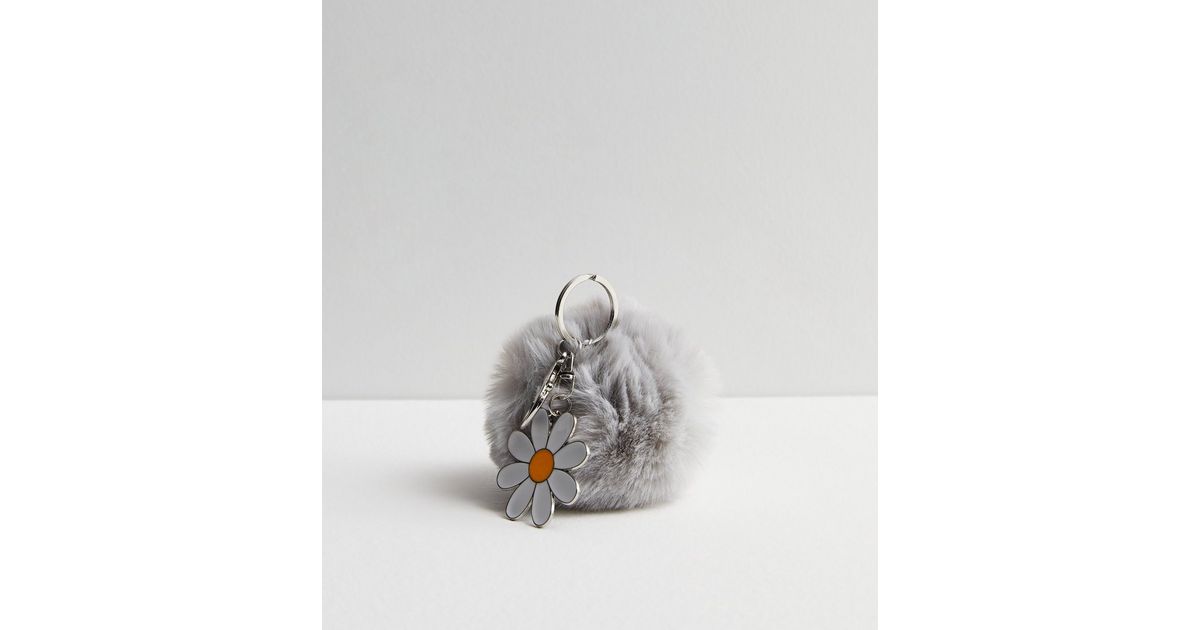 Pale Grey Faux Fur Pom Pom Daisy Bag Charm | New Look