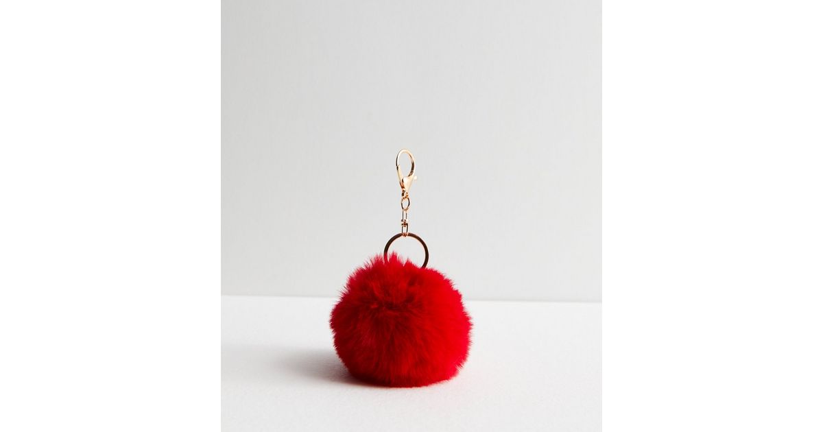 Red Faux Fur Pom Pom Bag Charm | New Look