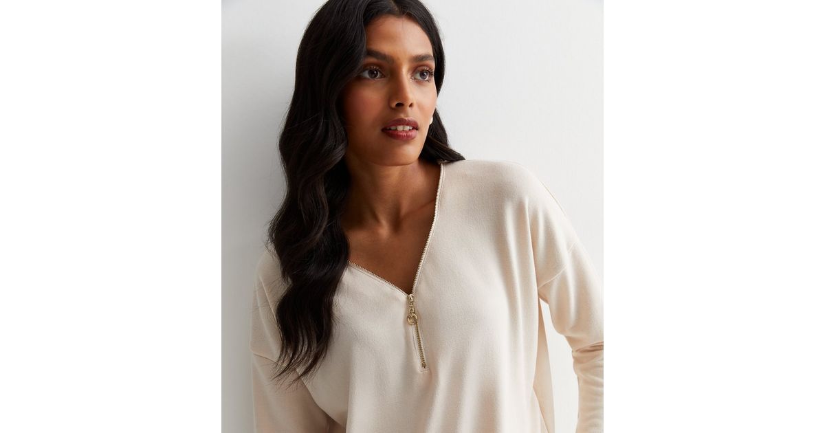 Cream Zip Neck Long Sleeve Top | New Look