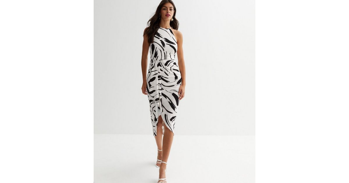 White Abstract Ruffle Wrap Midi Dress | New Look