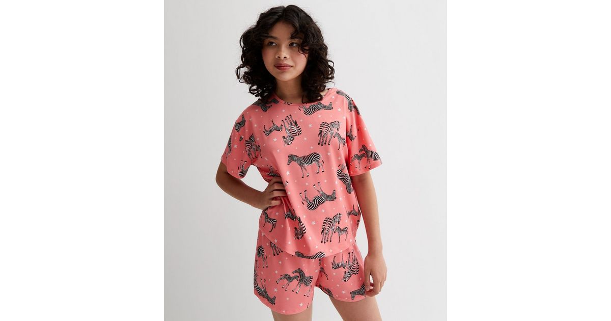 Girls Coral Soft Touch Short Pyjama Set With Zebra Print New Look