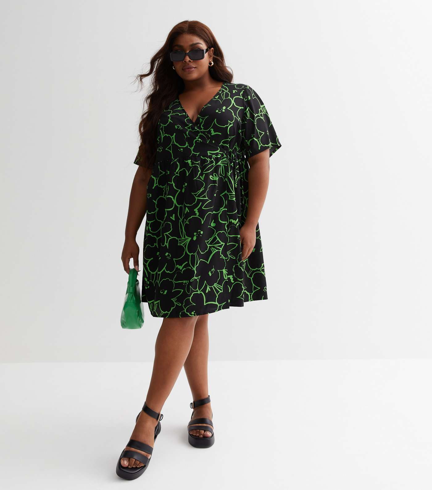 Curves Black Floral Wrap Mini Dress New Look