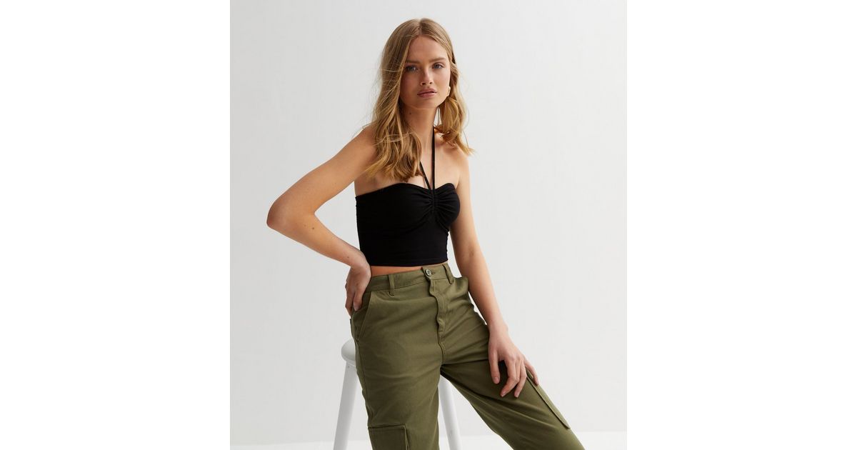 Black Jersey Ruched Front Strappy Halter Top | New Look