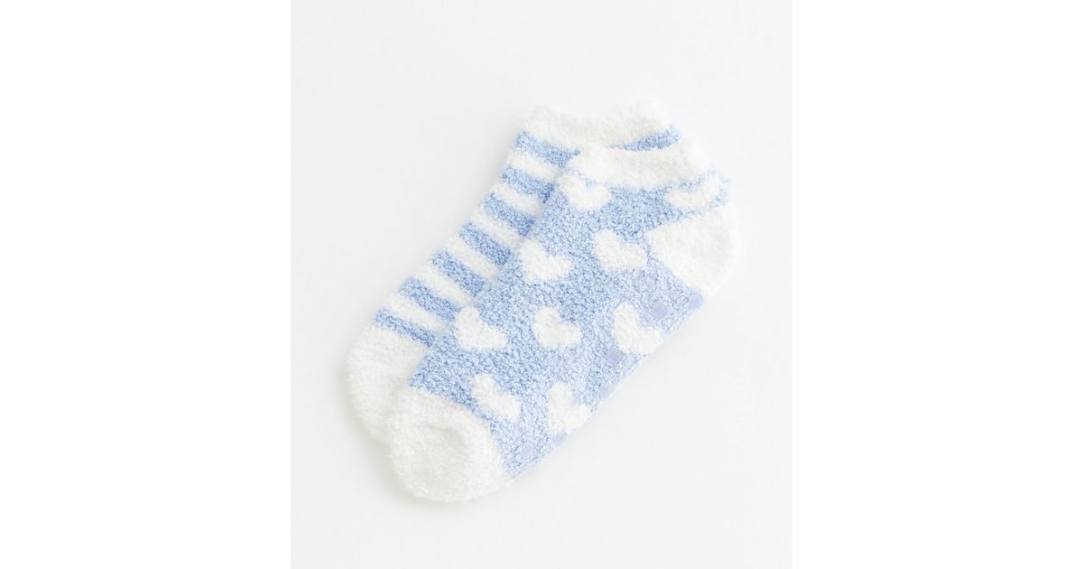 Girls 2 Pack Pale Blue Stripe and Heart Fluffy Trainer Socks | New Look