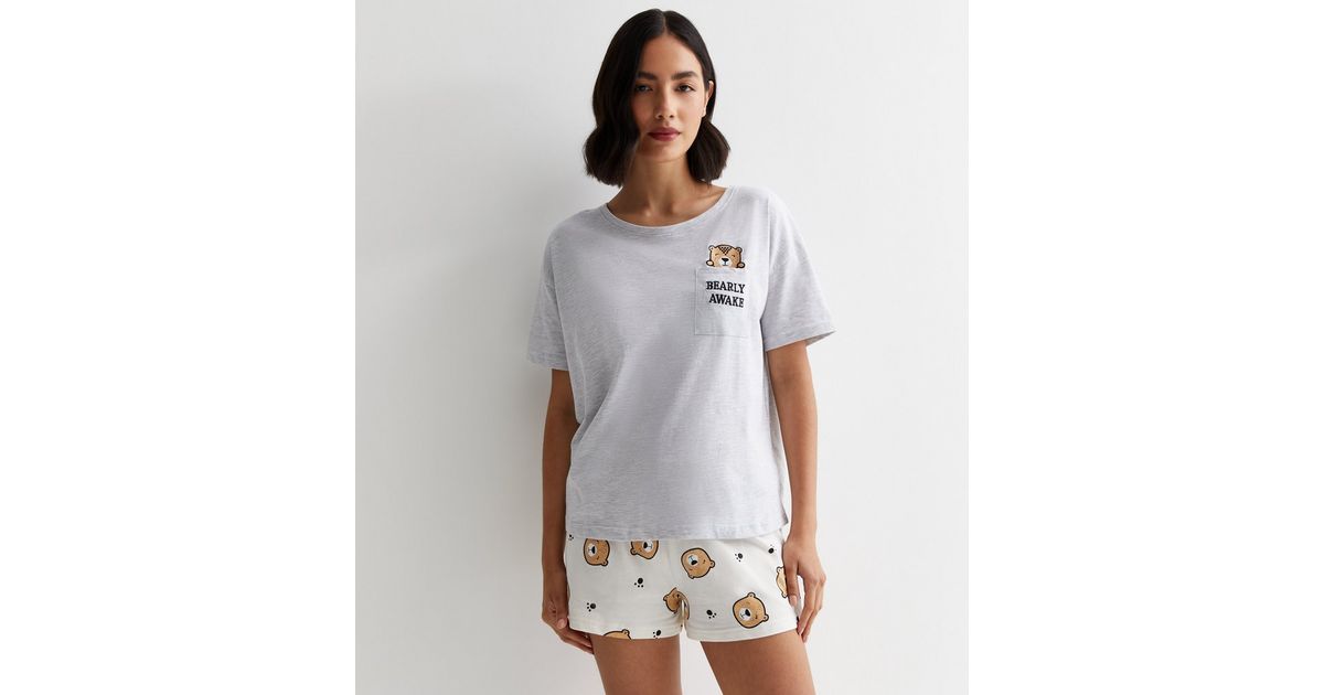 Light Grey Short Pyjama Set With Bear Print New Look