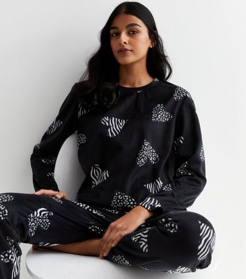 Black Pyjama Set with Animal Print Heart Pattern | New Look