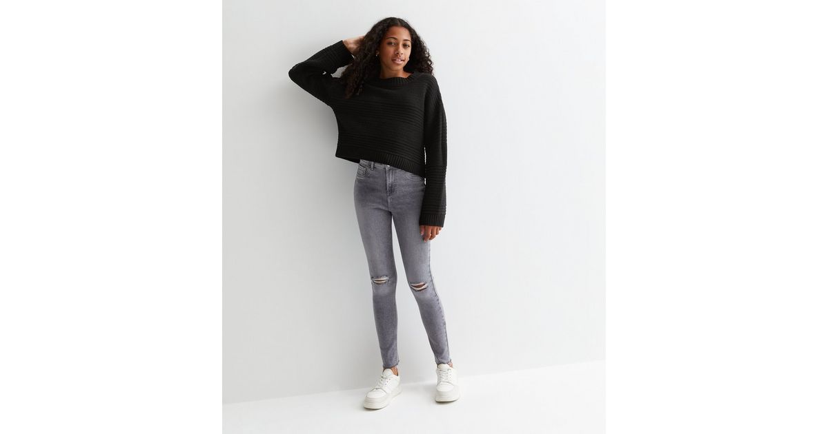 Girls Dark Grey High Waist Ripped Knee Hallie Super Skinny Jeans | New Look