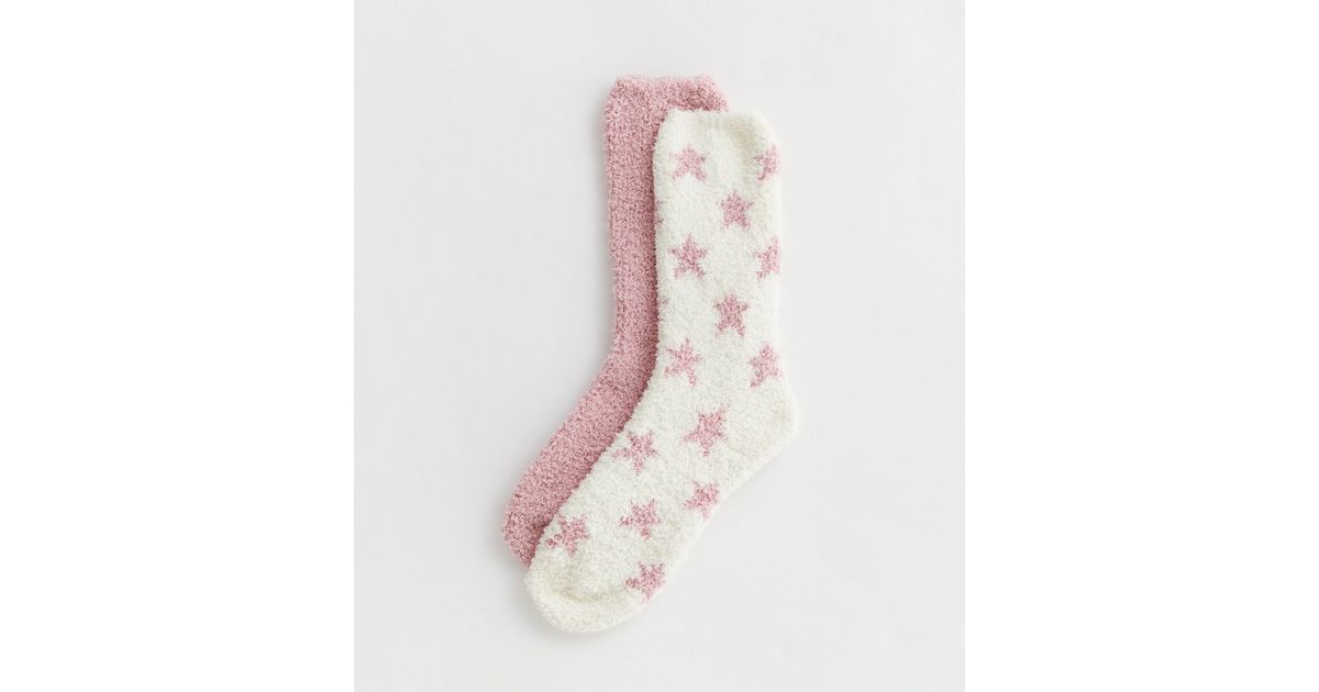 2 Pack Pink and Cream Star Fluffy Socks | New Look