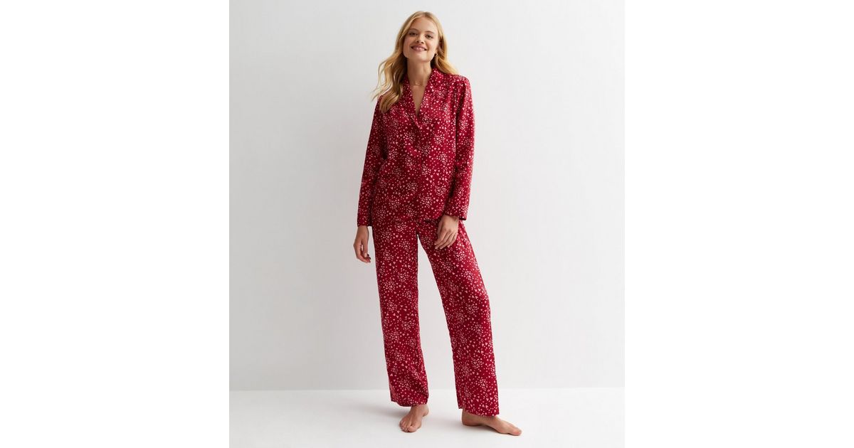 Red Satin Trouser Pyjama Set with Heart Print | New Look