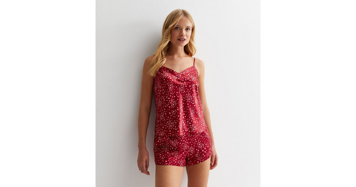 Red Satin Short Pyjama Set With Heart Print New Look