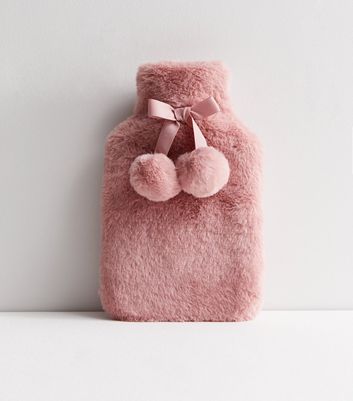 Pink Faux Fur Pom Pom Hot Water Bottle | New Look