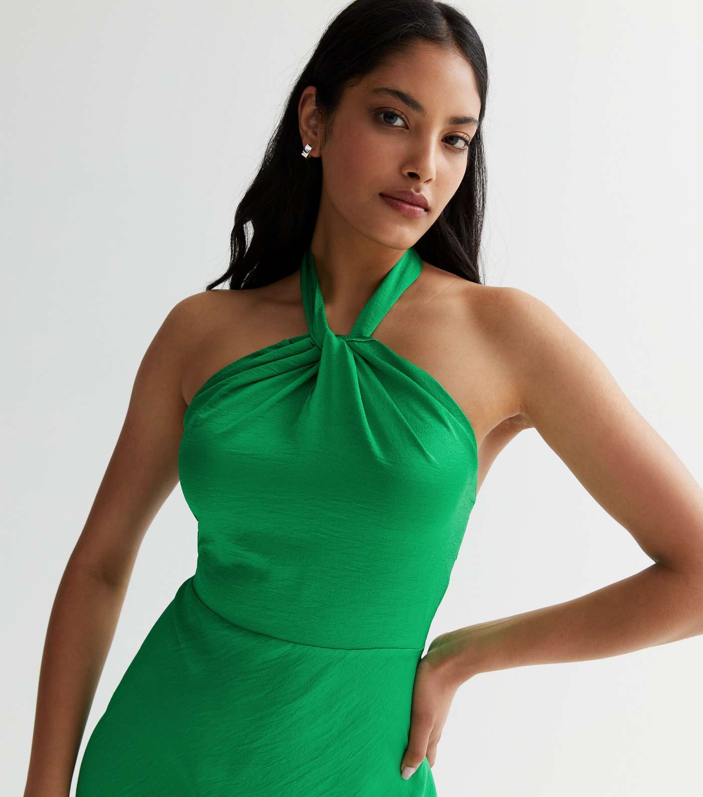 Green Twist Front Halter Midi Dress New Look
