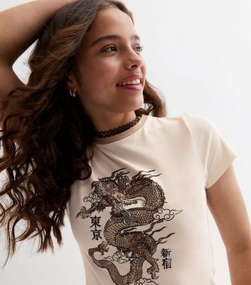 Girls Cream Dragon Logo Ringer T-Shirt | New Look