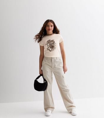 Girls Cream Dragon Logo Ringer T-Shirt | New Look