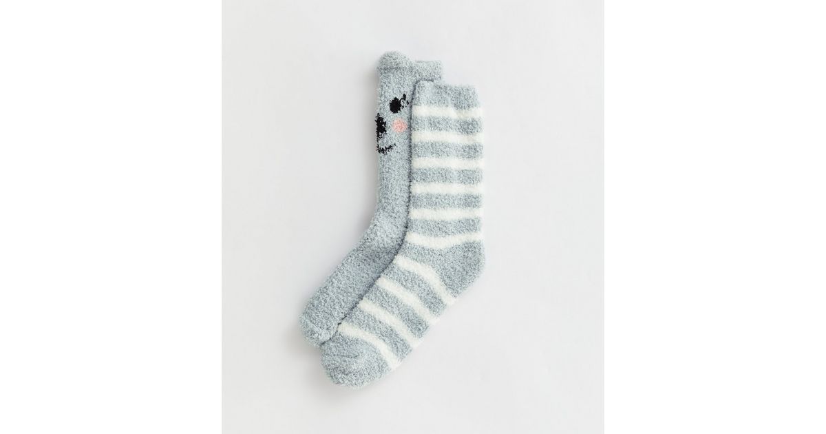 2 Pack Light Grey Stripe and Koala Fluffy Socks | New Look