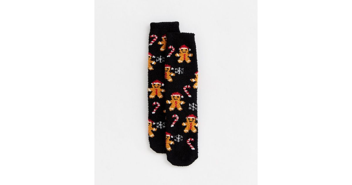 Black Gingerbread Christmas Fluffy Socks | New Look