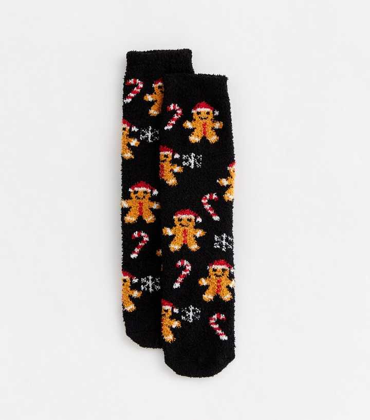 Black Gingerbread Christmas Fluffy Socks | New Look