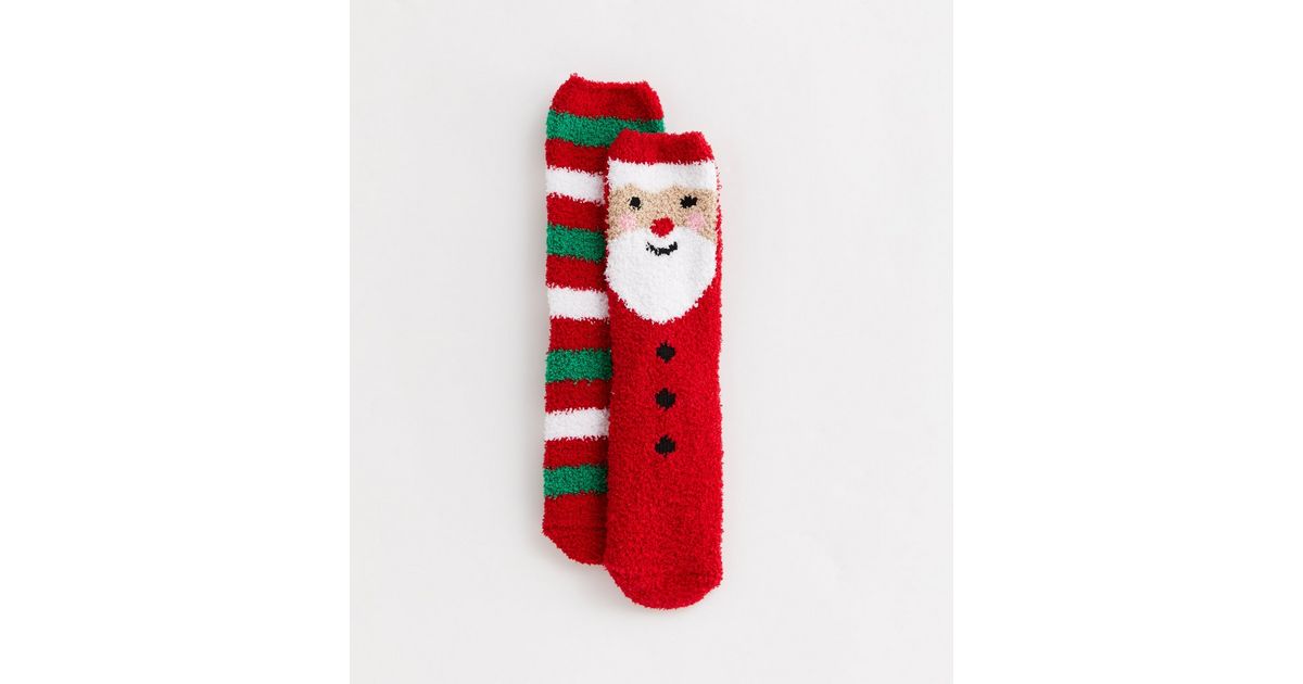 2 Pack Red Santa Fluffy Christmas Socks | New Look