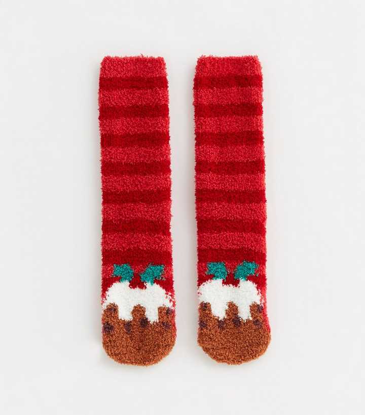 Red Christmas Pudding Fluffy Socks | New Look