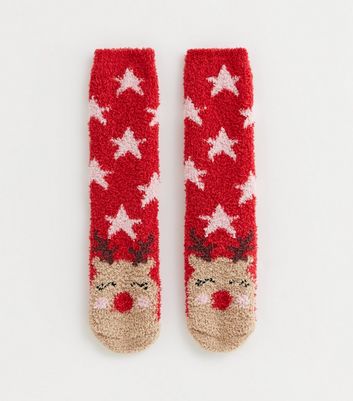 Red Reindeer Fluffy Christmas Socks | New Look