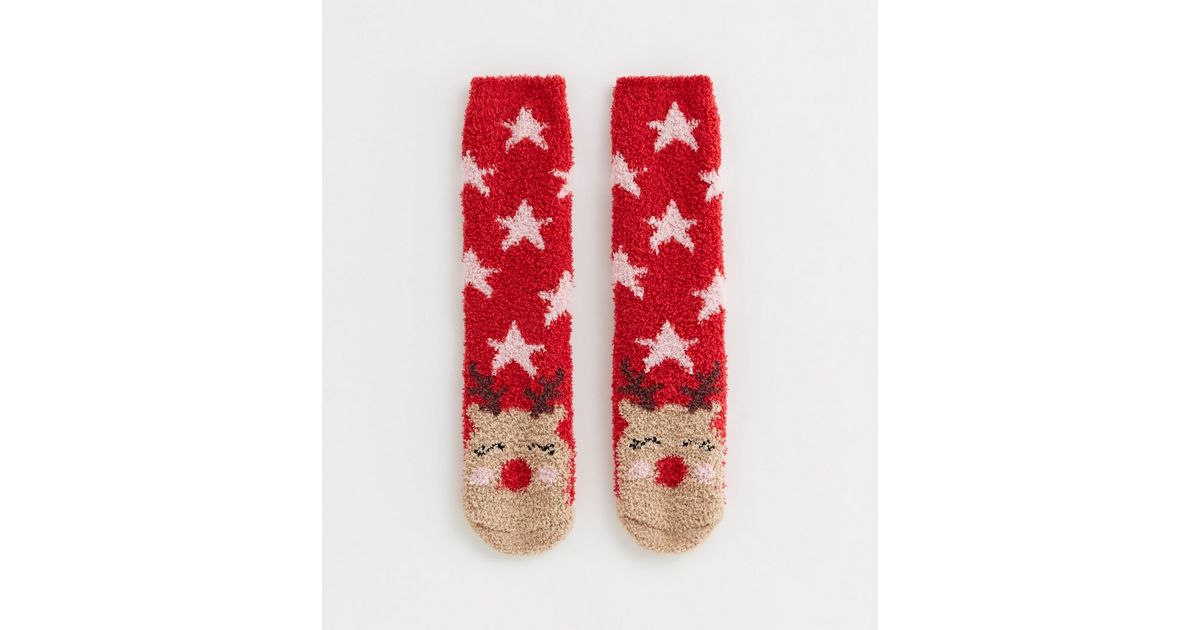 Red Reindeer Fluffy Christmas Socks | New Look