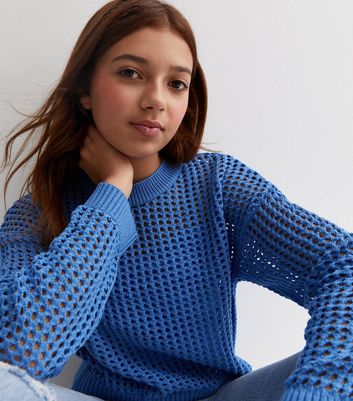 Girls Blue Open Knit Crew Neck Jumper | New Look