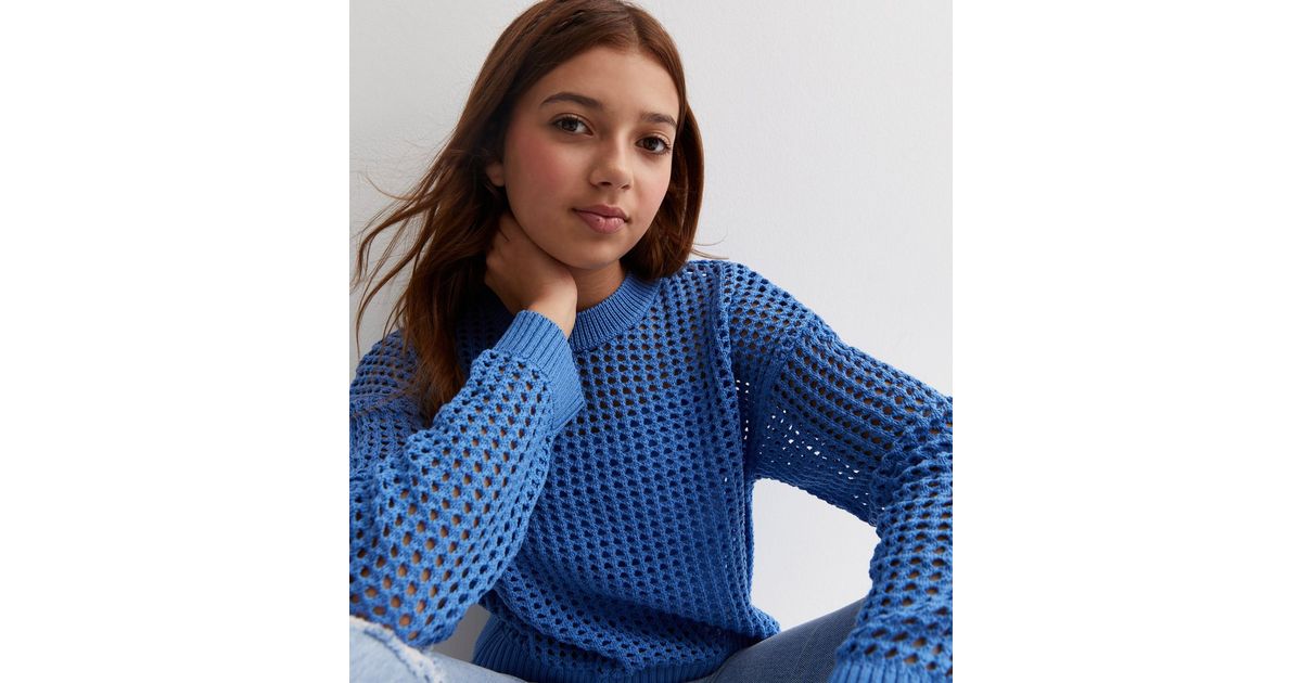 Girls Blue Open Knit Crew Neck Jumper | New Look