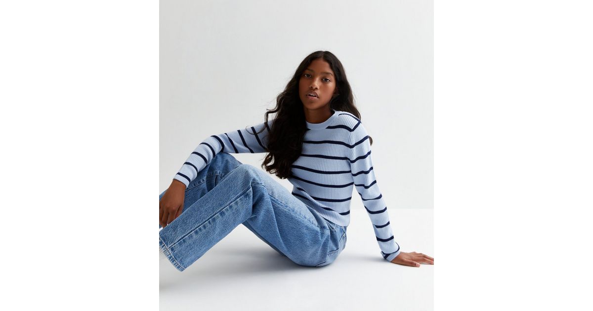 Girls Blue Stripe Ribbed Knit Jumper | New Look