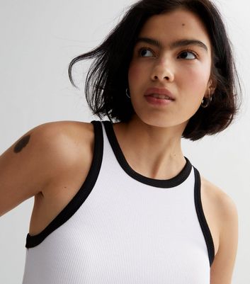 White Ribbed Contrast Trim Bodysuit | New Look