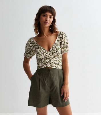 Khaki Floral Cross Over Crop Top | New Look
