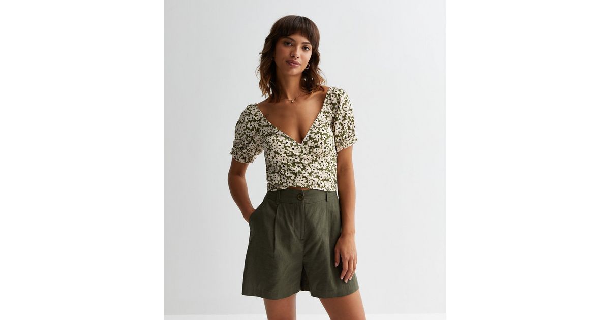 Khaki Floral Cross Over Crop Top | New Look