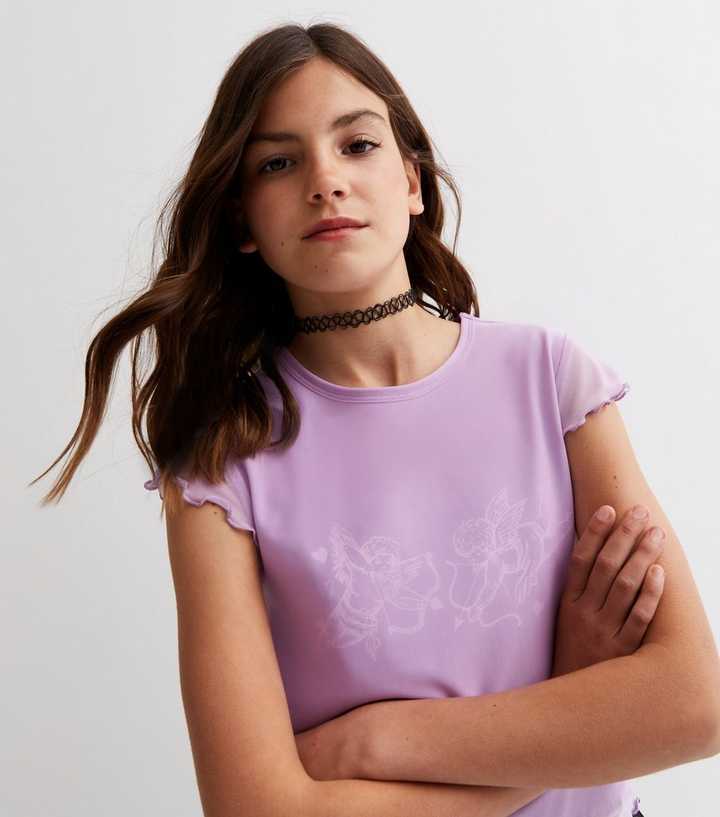 Girls Lilac Mesh Angel Logo Top | New Look