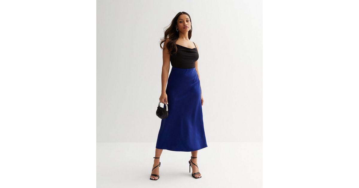 Petite Navy Satin Midi Slip Skirt | New Look