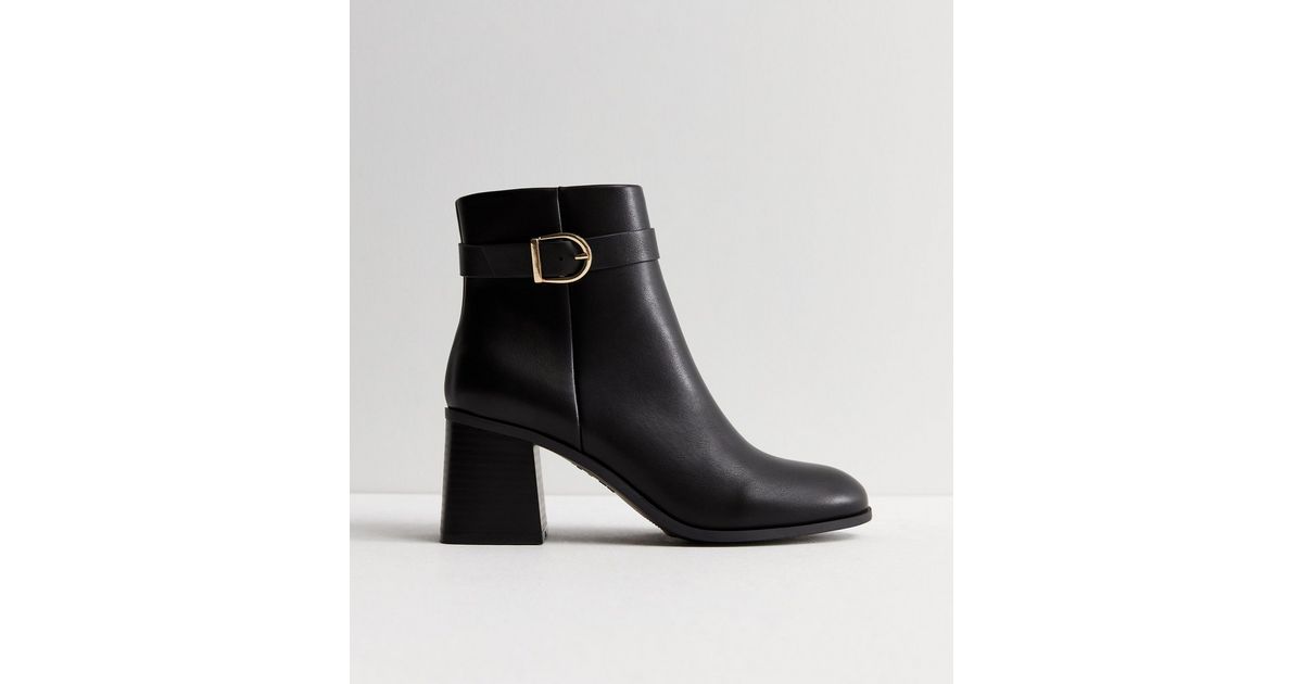 Black Leather-Look Buckle Flared Heel Ankle Boots | New Look